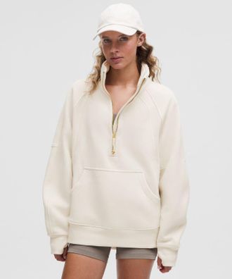 lululemon Scuba Oversized-Pullover mit Trichterkragen und halblangem Rei&szlig;verschluss Lang f&uuml;r Frauen - Gr&ouml;&szlig;e XL/2XL in Light Ivory/Gold