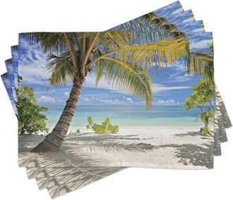 Abakuhaus Palme Platzmatten, Palmen Küste, Waschbare Stoff Esszimmer Küche Tischdekorations Digitaldruck, Kokosnuss Blau