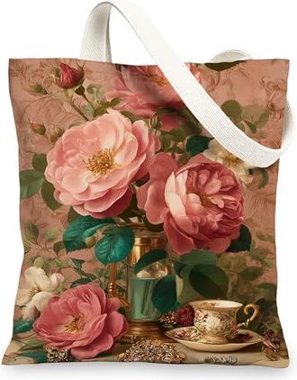 Generic Sacs fourre-tout en toile à motif floral vintage, légers, lavables et réutilisables pour voyage, plage, pique-nique 33 x 38 cm