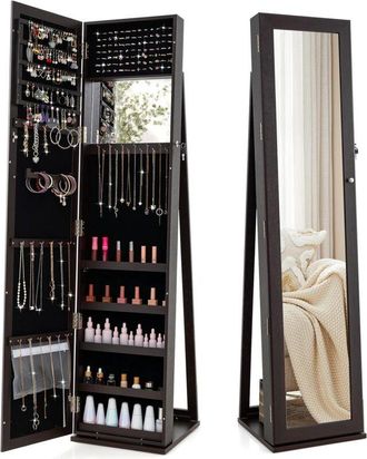 Costway Costway - Armoire &agrave; Bijoux sur Pieds, Miroir hd Pleine Longueur et Miroir de Maquillage Int&eacute;gr&eacute;, avec 91 Fentes pour Bagues 30 Crochets Collier, 100