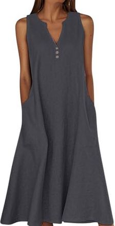 Generic Robe décontractée en coton et lin pour femme - Robe débardeur élégante à col en V cranté sans manches avec poches - Robe dété midi fluide à boutons - 
