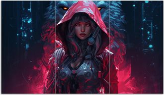 Wallario Herdabdeckplatte/Spritzschutz aus Glas, 3-teilig, 90x52cm mit 13mm hohen Füßen, für Ceran- und Induktionsherde, Schattenwolf und Kriegerin