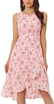 Allegra K Robes dété à Volants pour Femmes sans Manches col Rond Smock Taille Dos Robe Florale Rose XS