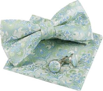 Alizeal Lot de 3 noeuds papillon pré-noués pour homme Motif floral et boutons de manchette, 052-Vert clair + Bleu clair, taille unique