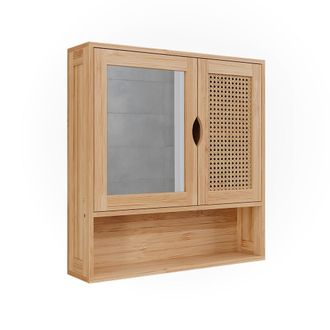 Vicco Badspiegelschrank Bambus Liora 56x58x13 cm - Badezimmerschrank mit Spiegel, Offene und geschlossene Bereiche kombinieren Stauraum mit &Uuml;bersicht
