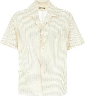 Maison Margiela Homme, Chemises, Beige, Taille: M Chemise &agrave; Manches Courtes en Coton et Soie &agrave; Rayures Fines