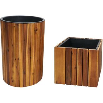 Hhg 2er-Set Pflanzkasten 584, Pflanztopf Pflanzk&uuml;bel Blumentopf Blumenkasten, rund eckig Outdoor Akazie Holz mvg braun