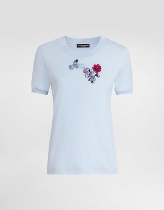 Dolce & Gabbana Jersey T-shirt With Flower Patch - Frau T-shirts Und Sweatshirts Hellblau 40