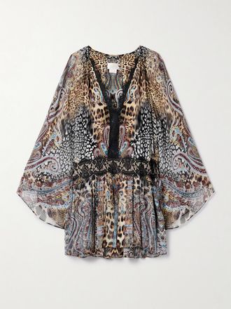 Camilla Oversized-minikleid Aus Bedrucktem Crêpe De Chine Aus Seide Mit Spitzenbesätzen - Mehrfarbig