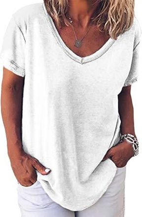 Minetom T Shirt Femme Col V Manche Courte Ete Imprimé Top Lâches T-Shirt Couleur Pure Confortable ÉLastiques Haut B Blanc 48