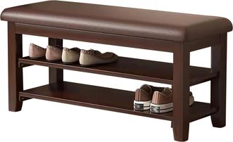 Generic Schuhbank Mit Lederkissen - 3-stufige Schuhbank Aus Walnussholz for Den Eingangsbereich, Flur, Schmutzschleuse, Wohnzimmer (braun)(100 x 30 x 42 cm)