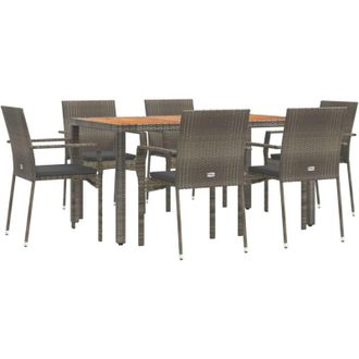 vidaXL Vidaxl - Mobilier &agrave; d&icirc;ner de jardin et coussins 7 pcs gris rotin