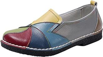 Generic Chaussures basses pour femme avec patchwork coloré, chaussures en cuir antidérapantes à enfiler - Mocassins à bout rond fermé - Semelle en caoutchouc 