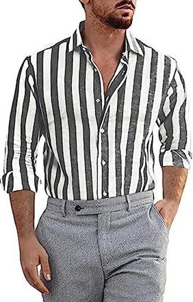 Generic Chemise en lin pour homme, chemise &agrave; manches longues pour homme, chemise d&eacute;contract&eacute;e boutonn&eacute;e &agrave; rayures, coupe r&eacute;guli&egrave;re, col rabattable, chemises e