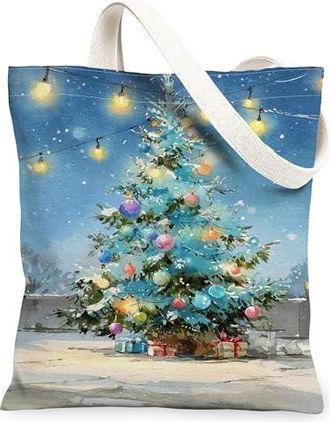 Generic Sacs fourre-tout festifs en toile, motif arbre de No&euml;l artistique, sacs de courses r&eacute;utilisables, l&eacute;gers et lavables avec bandouli&egrave;re en toile, Bleu, 