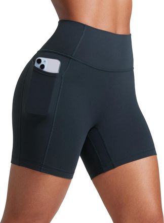 CRZ YOGA Damen Secretsculpt Butterlift Hohe Taille Scrunch Butt Biker mit Taschen Keine Vordernaht Workout Booty Push Up Shorts - 13cm Echte Marine 44
