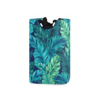 Mnsruu W&auml;schekorb mit Griffen, t&uuml;rkis, tropische Bl&auml;tter, W&auml;schekorb, faltbar, Aufbewahrungsbeh&auml;lter f&uuml;r Spielzeug und Kleidung