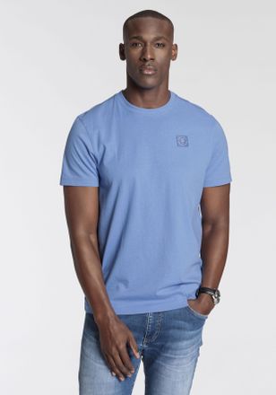 DELMAO Rundhalsshirt DELMAO, Herren, Gr. XL (56/58), blau (jeansblau), Single Jersey, Obermaterial: 100% Baumwolle, unifarben, Basic, regular fit, Rundhals, 