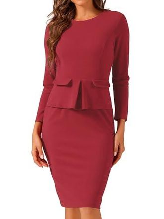 Allegra K Robe Crayon Moulante pour Femme col Rond Manches 3/4 Peplum Porter au Travail Robe Fourreau de Bureau Costume dhalloween Rouge S