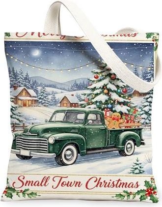 Generic Sacs fourre-tout en toile pour camion de No&euml;l, motif ferme de vacances, sacs d&eacute;picerie r&eacute;utilisables, rustiques, l&eacute;gers et lavables pour Sh, vert, 13x