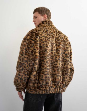 Topman bomber &agrave; imprim&eacute; l&eacute;opard en fausse fourrure marron