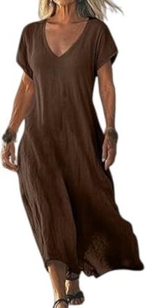 Generic Robe de plage d&eacute;t&eacute; en coton &agrave; manches courtes et col en V pour femme - Robe longue confortable et fluide, caf&eacute;, XXL