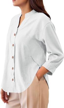 Generic Chemises en lin pour femme, chemisiers en coton et lin pour femmes, chemises d&eacute;t&eacute; en coton avec col en V, boutons, manches longues, chemisier respiran