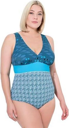 Ulla Popken Femme Grandes Tailles Maillot de Bain à Bonnets Souples. Décolleté V. Motif Poissons. Matière recyclée Vert Sapin 50 837321752-48