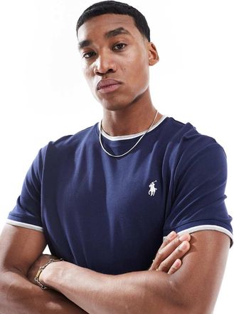 Polo Ralph Lauren Pikee-T-Shirt in Marineblau mit Markenlogo, Zierstreifen und klassischem Oversize-Schnitt