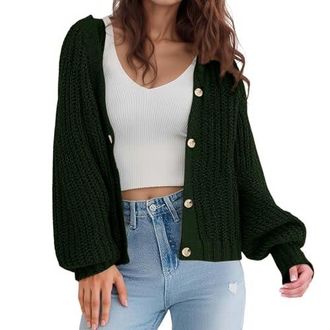 Generic Pull &eacute;pais ouvert sur le devant &agrave; manches longues en tricot boutonn&eacute; pour femme, Vert, 3XL