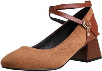 SJJH Chaussures Mary Jane bicolore pour femme | Talon bloc de 5 cm et sangle crois&eacute;e | Pointe carr&eacute;e pour le bureau et les loisirs, marron, 36 EU