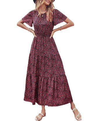 PrettyGarden Damen Maxikleid, kurz&auml;rmelig, Rundhalsausschnitt, gesmokte elastische Taille, gestuft, Sommer, Boho, Blumenmuster, Sonnenkleider, Blumenmuster in Schw