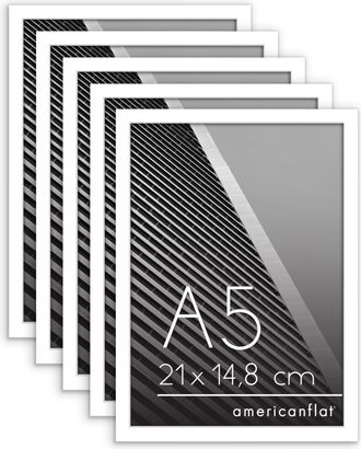 Americanflat Din A5 Bilderrahmen Set aus Kunststoff (5er Pack) - schmaler Fotorahmen mit bruchsicherer Scheibe - inklusive St&auml;nder und integrierter Aufh&auml;ngung f&uuml;r 
