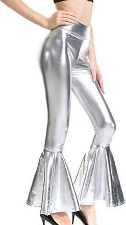 Generic Legging &eacute;vas&eacute; en similicuir m&eacute;tallique brillant pour femme, taille haute &agrave; volants, pantalon disco iris&eacute; pour festival, performance, f&ecirc;te, club, rave,