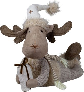 Monopol Christmas Paradise Weihnachts-Elch 30cm(41cm) liegend Rentier Flauschige Jacke mit Geschenk braun-beige
