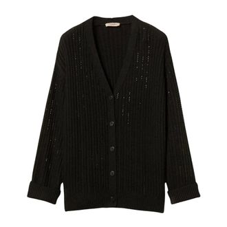 Twinset Cardigan en maille c&ocirc;tel&eacute;e avec strass - Femme - Pulls - Noir - Taille: 38 FR