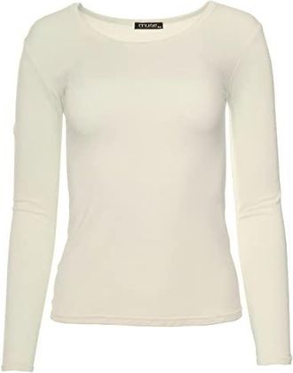 Easy Young Fashion T-shirt basique à col rond et manches longues, coupe skinny, ivoire, XL