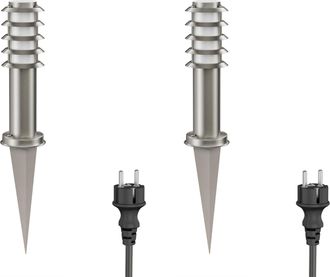 LEDs Com 2 St&uuml;ck Pollerleuchte PORU mit Erdspie&szlig; und 2m Kabel f&uuml;r au&szlig;en, IP44, Gitter, 39cm, edelstahl, inkl. E27 Lampe max. 963lm, warmwei&szlig;