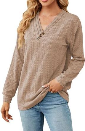Generic Chemisier basique uni à manches longues pour femme 2023 automne et hiver col en V couleur unie T-shirt ample à manches longues pour la vie quotidienne