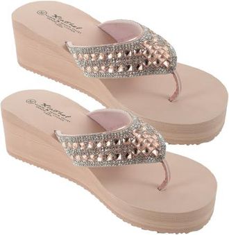 Frcolor Sandales Femme Plates Semelle Antidérapante Tongs à Talon Compensé Ornées de Perles et Paillettes Confortables pour Plage et Bain Rose