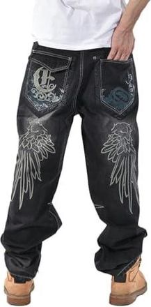 ORANDESIGNE Homme Hip Hop Jeans Style Hipster Graffitis Impression Baggy Jeans Urbain Skate Denim Pantalons L&acirc;che Fit Jambe Droite Cargo Pantalon R&eacute;tro Broderie Z