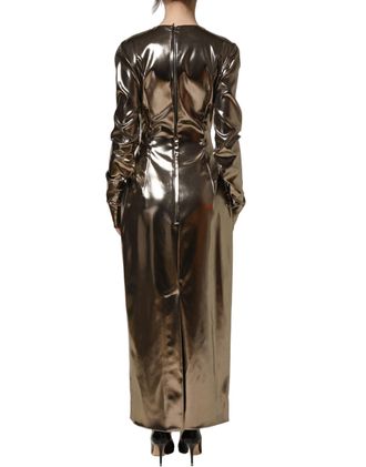 Dolce & Gabbana Womens Metallic Gold Polyester Longsleeve Maxi Dress Silk Cotton Lurex