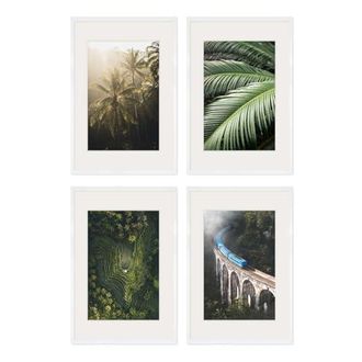 Photolini Cadre 40x60 blanc bois MDF, cadre blanc 40x60 lot de 4 avec passe-partout pour posters et affiches, verre acrylique incassable, cadre photo 60x40 &agrave; su