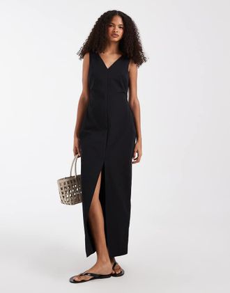 Asos Robe mi-longue droite &agrave; col V et double fente - Noir