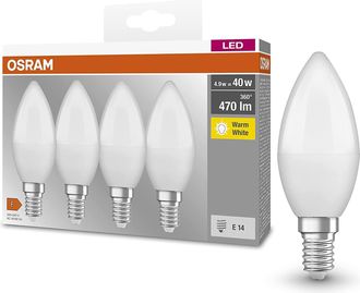 Osram LED Base Classic B Lampe, in Kerzenform mit E14-Sockel, nicht dimmbar, Ersetzt 40 Watt, Matt, Warmweiß - 2700 Kelvin, 4er-Pack