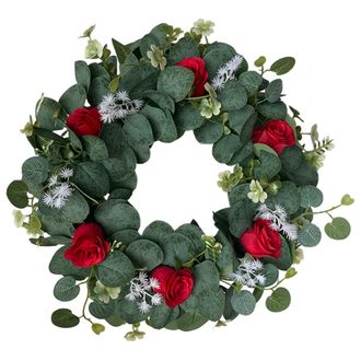 Hemobllo Kunstblumenkranz Valentinstag Gro&szlig;er Roter Rosenkranz aus Strapazierf&auml;higem Kunststoff T&uuml;rh&auml;nger mit Realistischen Rosen und Gr&uuml;nen Bl&auml;ttern f&uuml;r Party