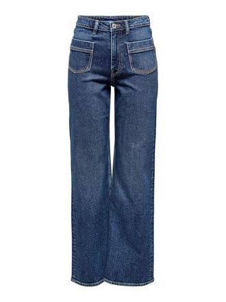 Only Jean &agrave; jambe large ONLJUICY Taille haute Wide Leg Fit Jeans Dark Medium Blue Denim, 30, 32, Dark Medium Blue Denim, (US)30 / L32