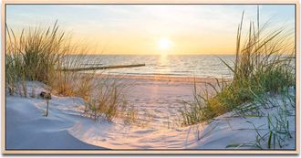 Paul Sinus Art Sonnenuntergang an der Ostsee ca. 130x70cm Wandbild inklusive Schattenfugenrahmen naturfarbend - Panorama Leinwand Bild XXL Format Wandbilder Wohnzimm
