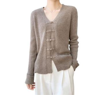Generic Cardigan d&eacute;contract&eacute; ample &eacute;l&eacute;gant &agrave; col en V pour femme - Doux et chaud - 100 % laine m&eacute;rinos - Pull r&eacute;tro, camel, Taille XL