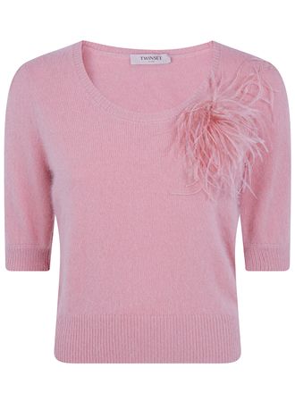 Twin-Set Sweater Short Sleeves Round Neck Feathers